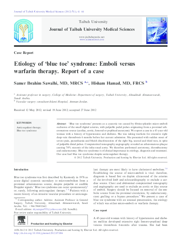 (PDF) Etiology of ‘blue toe’ syndrome: Emboli versus warfarin therapy ...