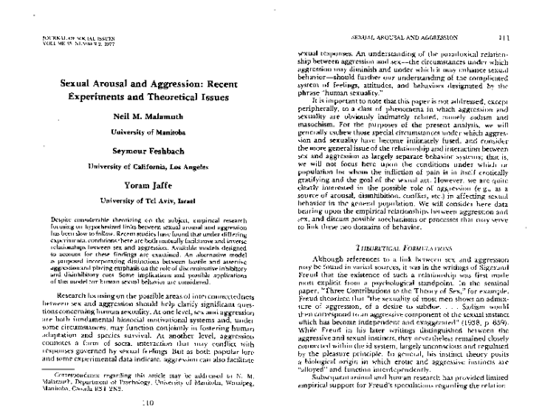 (PDF) Sexual Arousal and Aggression: Recent Experiments and Theoretical ...