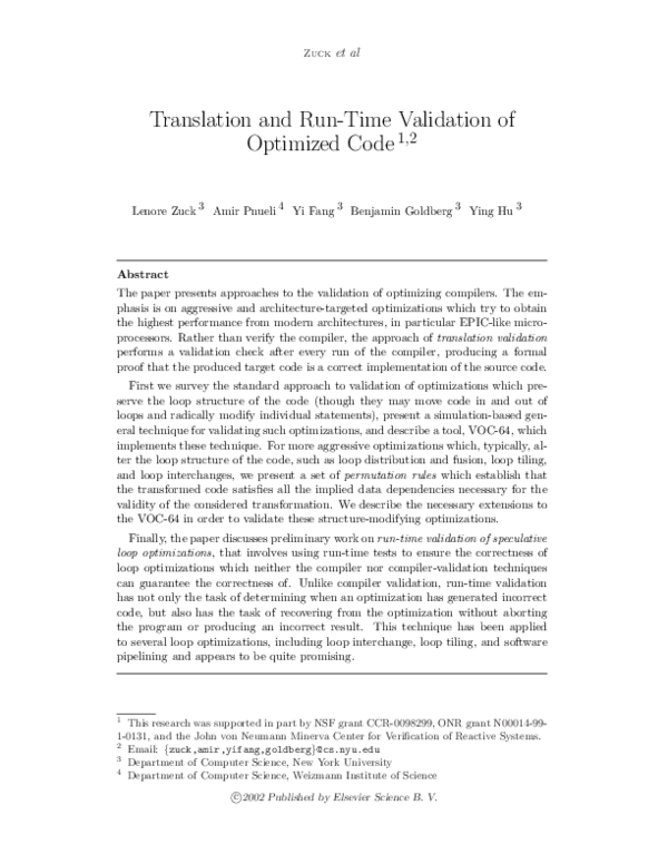 (PDF) Translation and Run-Time Validation of Optimized Code | Lenore Zuck - Academia.edu