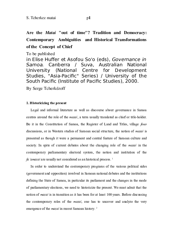 (DOC) 2000- Samoa Tradition, Democracy and Chiefs