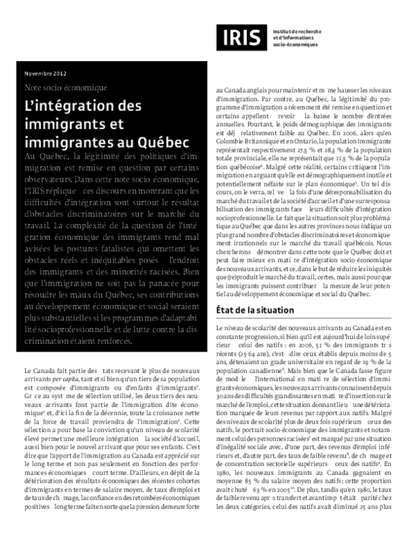 (PDF) L’intégration des immigrants et immigrantes au Québec