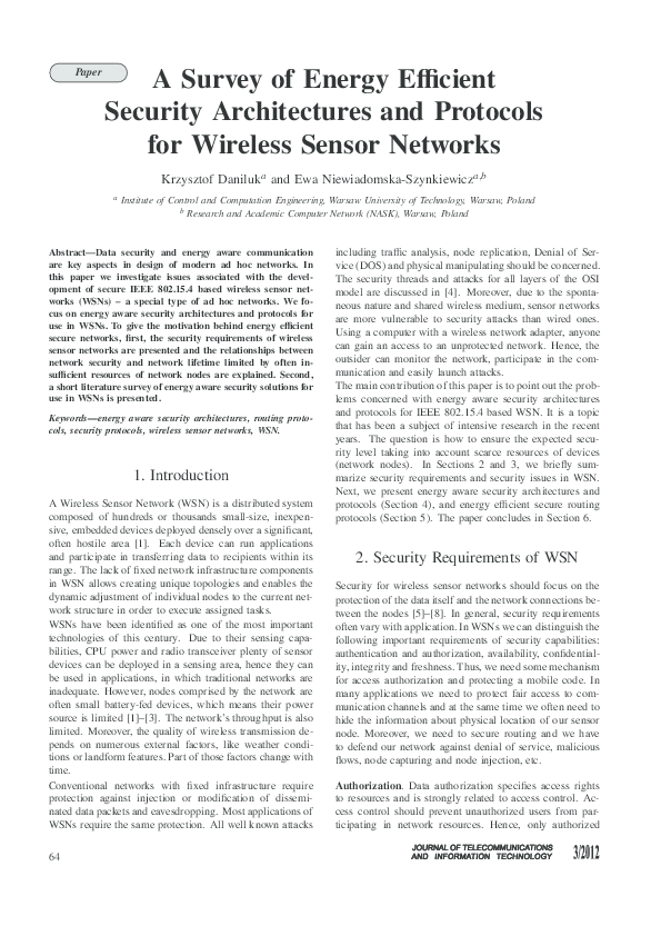 Pdf A Survey Of Energy Efficient Security Architectures And Protocols For Wireless Sensor Networks