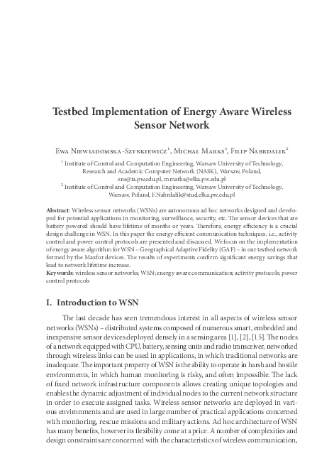 Pdf Testbed Implementation Of Energy Aware Wireless Sensor Network