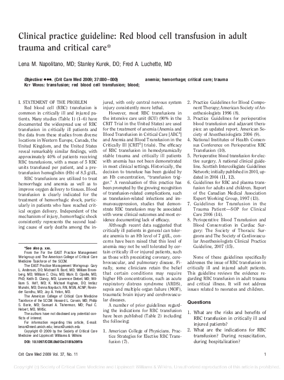 (PDF) Clinical practice guideline: Red blood cell transfusion in adult ...