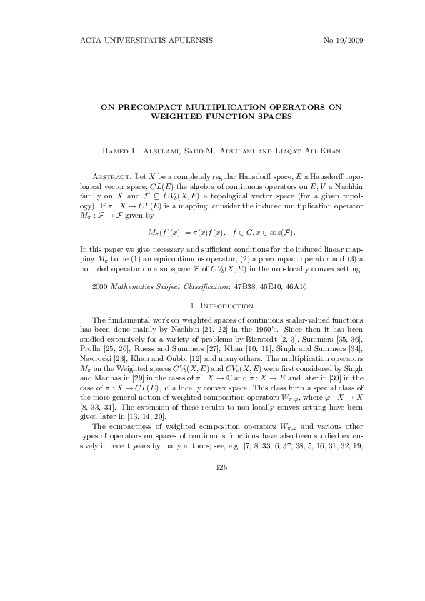Pdf On Precompact Multiplication Operators On Weighted Function Spaces