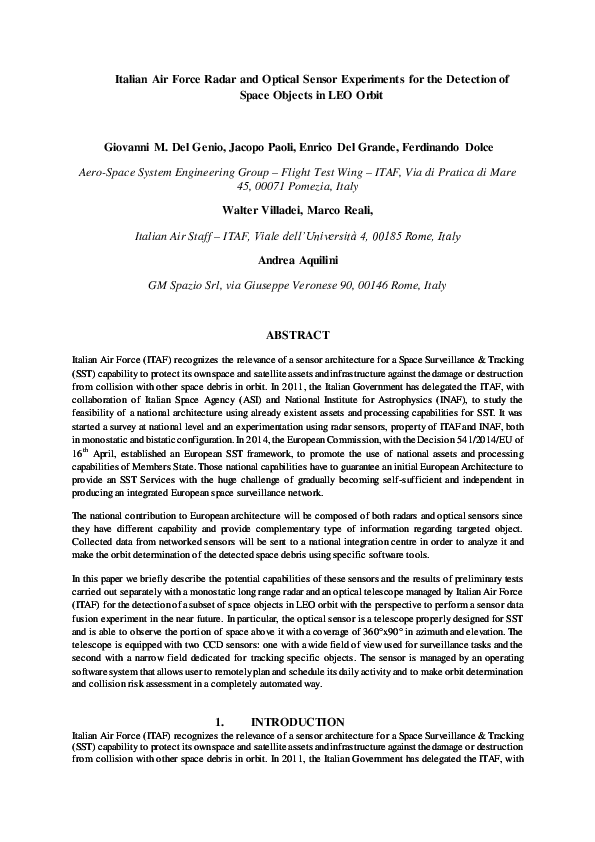 (PDF) Italian Air Force Radar and Optical Sensor Experiments for the ...