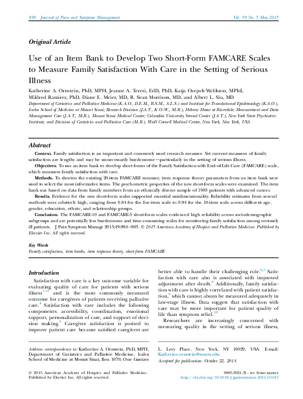 (PDF) Use of an Item Bank to Develop Two Short-Form FAMCARE Scales to ...