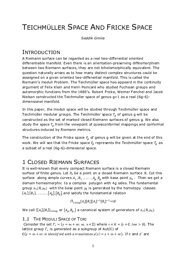(PDF) Teichmuller Space And Fricke Space