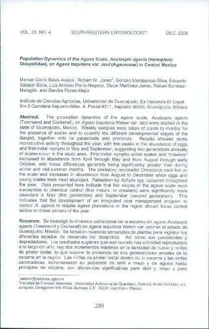 (PDF) Population Dynamics of the Agave Scale, Acutaspis agavis ...