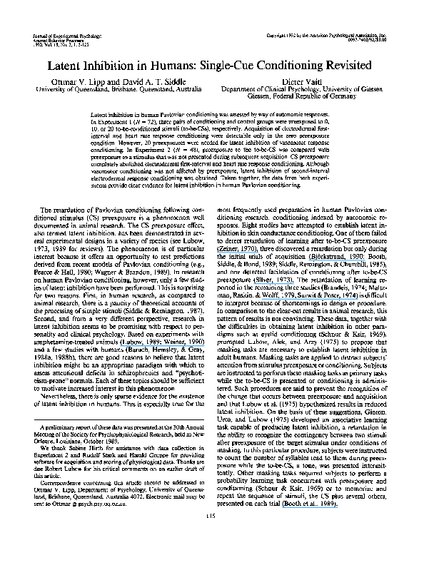(PDF) Latent inhibition in humans: Single-cue conditioning revisited
