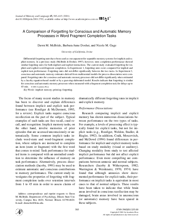 Pdf A Comparison Of Forgetting For Conscious And Automatic Memory
