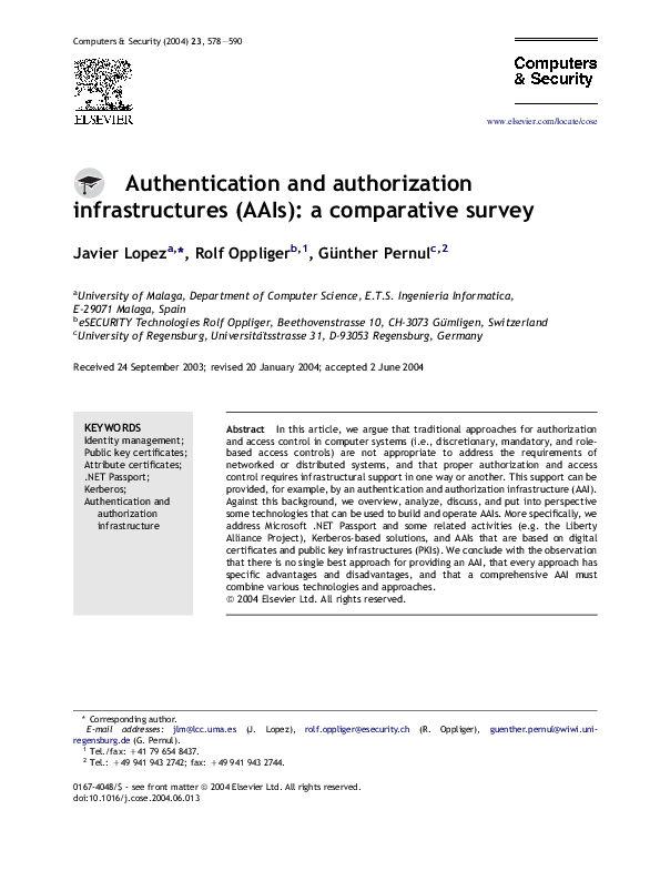 (PDF) Authentication and authorization infrastructures (AAIs): a comparative survey