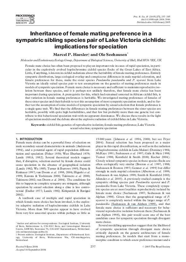 (PDF) Inheritance of female mating preference in a sympatric sibling ...