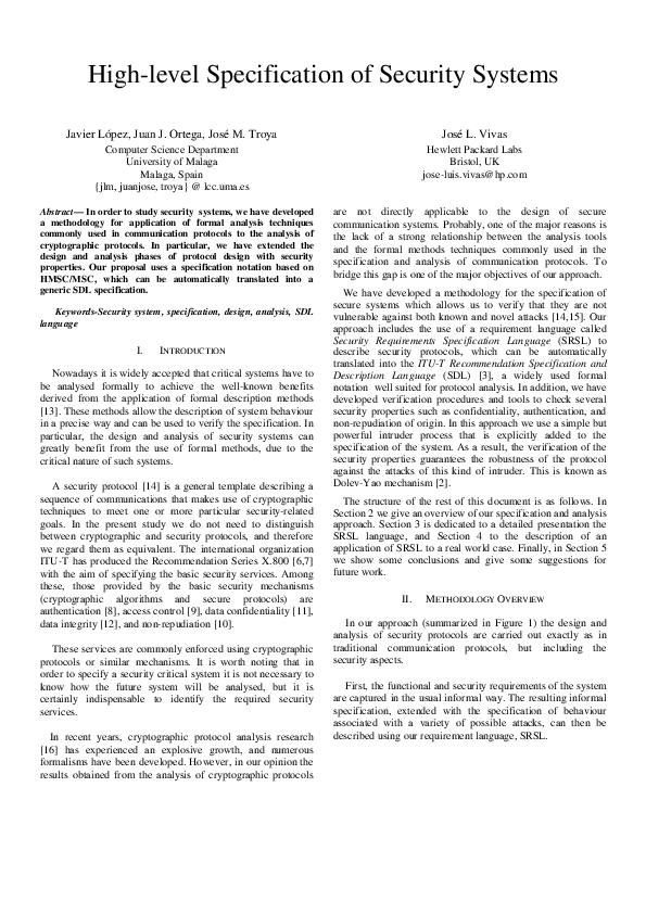 (PDF) High-level specification of security systems