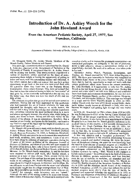 (PDF) Introduction of Dr. A. Ashley Weech for the John Howland Award