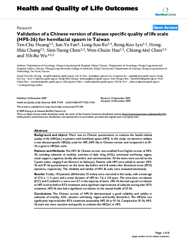 (PDF) Validation of a Chinese version of disease specific quality of life scale (HFS-36) for ...