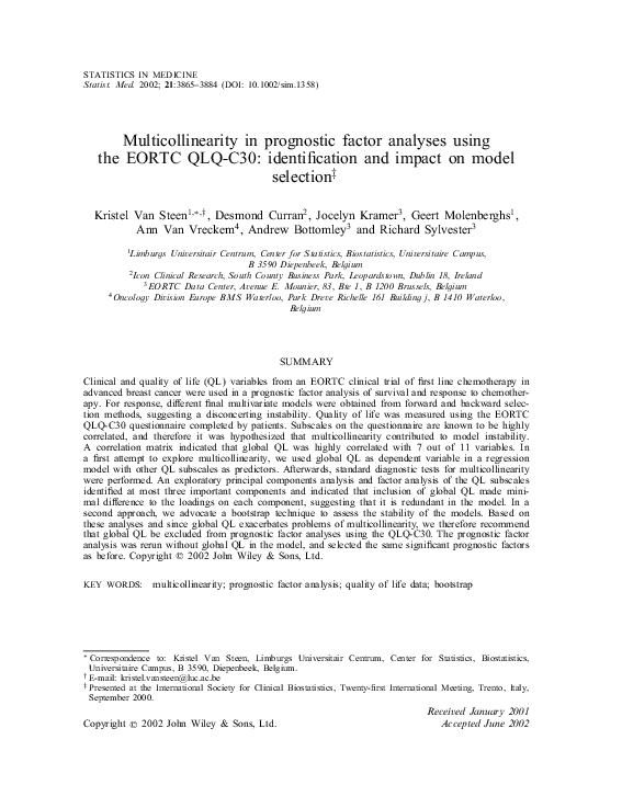 (PDF) Multicollinearity in prognostic factor analyses using the EORTC QLQ-C30: identification ...