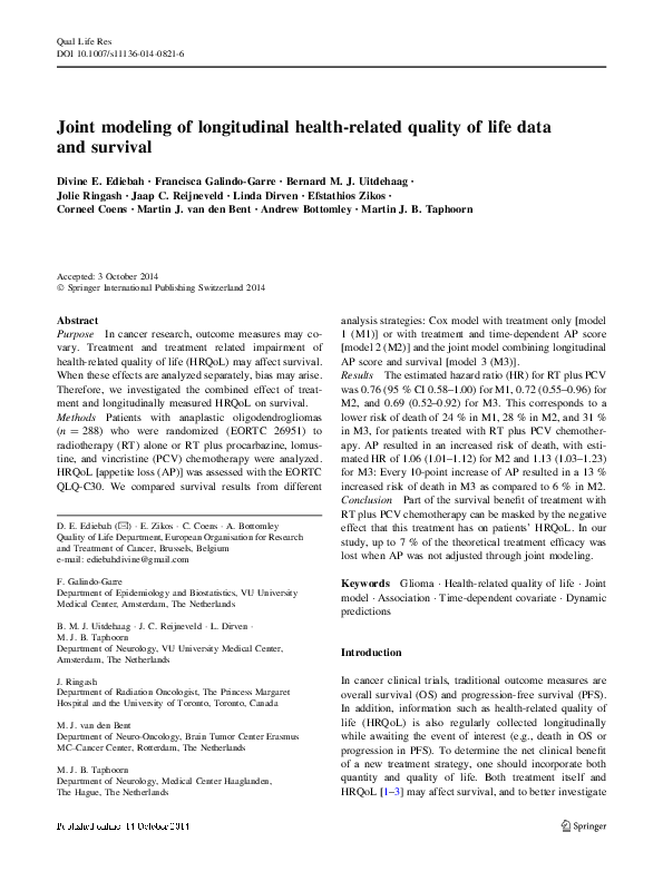 (PDF) Joint modeling of longitudinal health-related quality of life data and survival