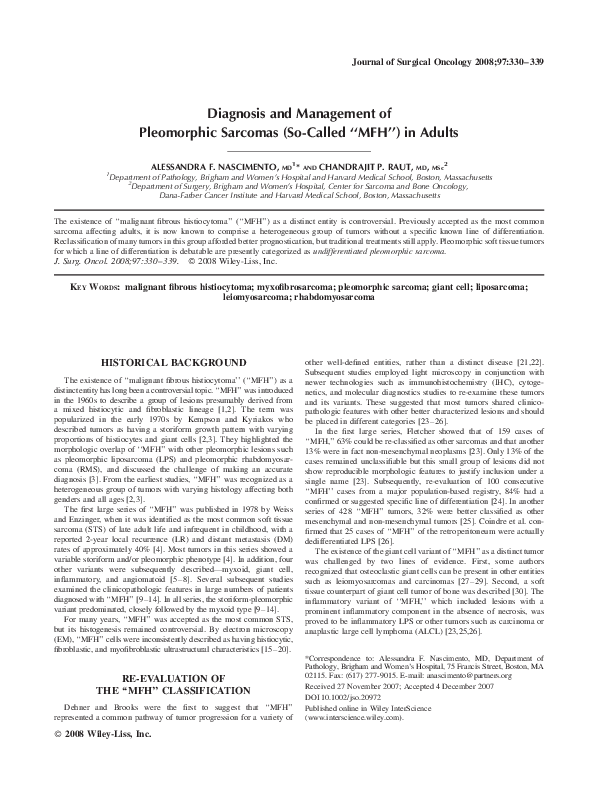 (PDF) Diagnosis and management of pleomorphic sarcomas (so-called “MFH ...
