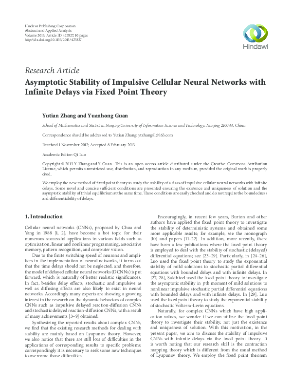 (PDF) Asymptotic Stability of Impulsive Cellular Neural Networks with Infinite Delays via Fixed ...