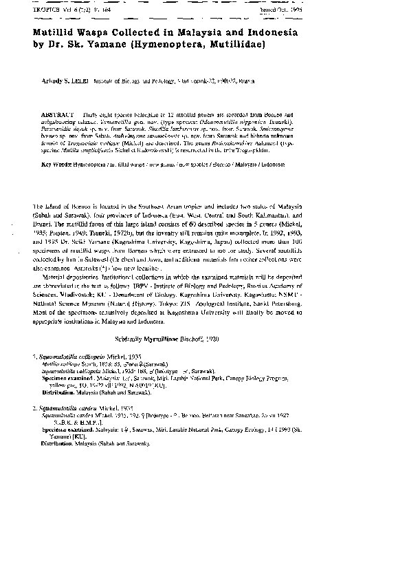 (PDF) Mutillid Wasps Collected in Malaysia and Indonesia by Dr. Sk ...