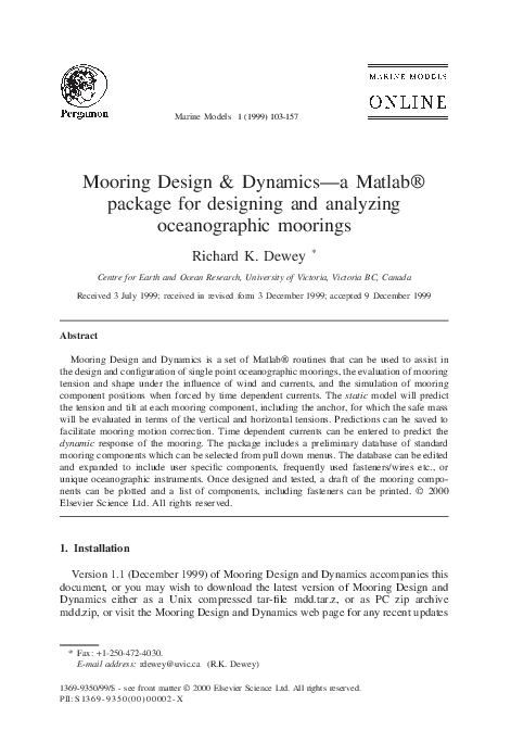 Pdf Mooring Design And Dynamics—a Matlab® Package For Designing And Analyzing Oceanographic Moorings 