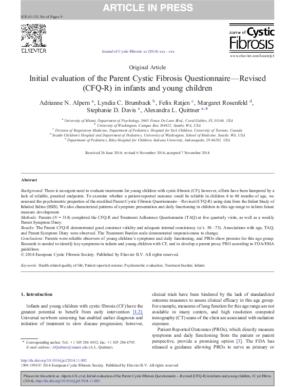 (PDF) Initial evaluation of the Parent Cystic Fibrosis Questionnaire ...