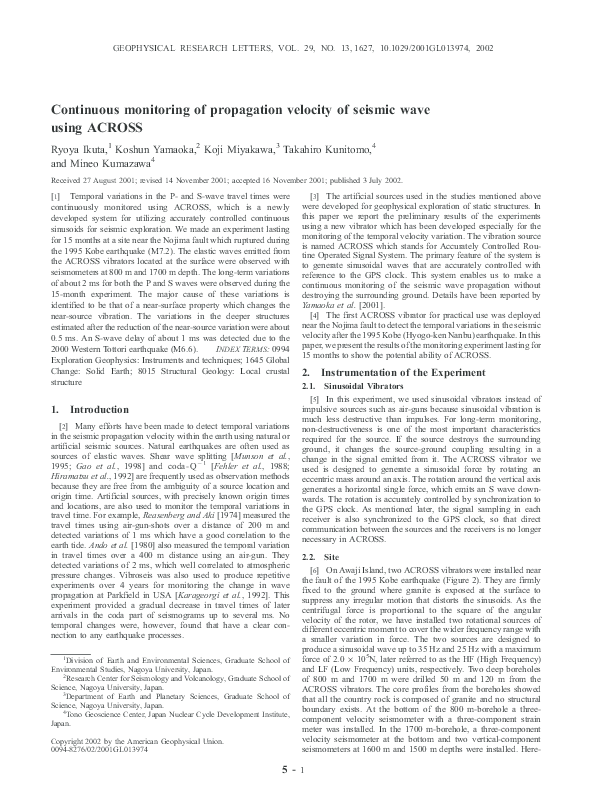 Pdf Continuous Monitoring Of Propagation Velocity Of Seismic Wave Using Across