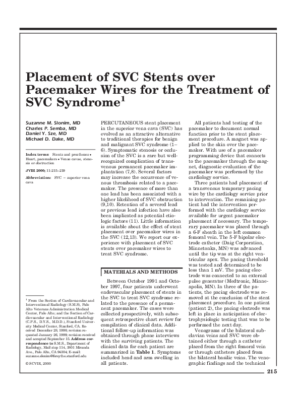 (PDF) Placement of SVC Stents over Pacemaker Wires for the Treatment of ...