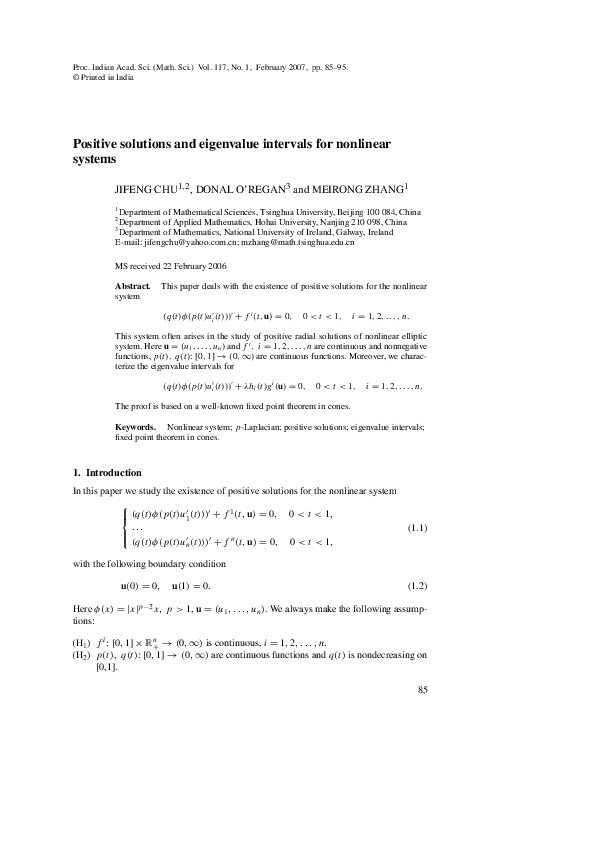 (PDF) Positive solutions and eigenvalue intervals for nonlinear systems