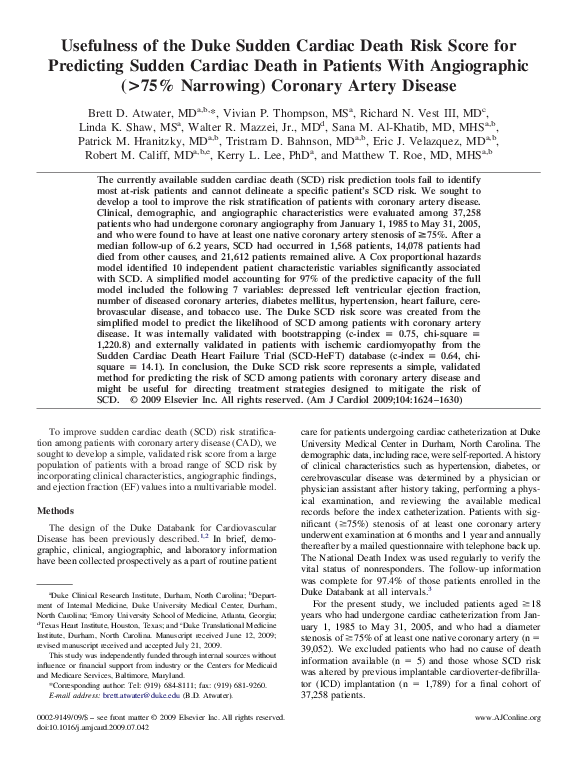 (PDF) Usefulness of the Duke Sudden Cardiac Death Risk Score for ...