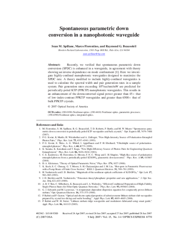 (PDF) Spontaneous parametric down conversion in a nanophotonic waveguide