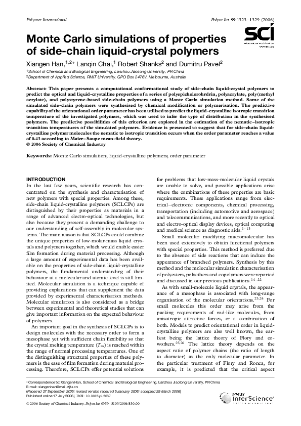 (PDF) Monte Carlo simulations of properties of side-chain liquid-crystal polymers