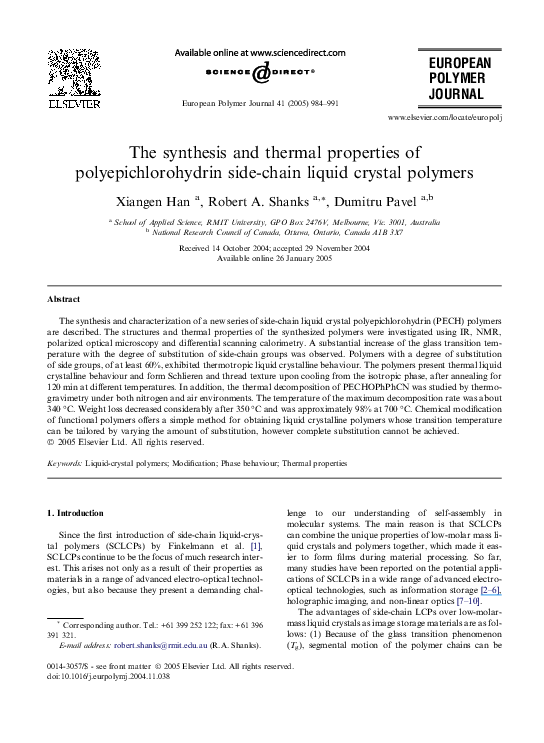 (PDF) The synthesis and thermal properties of polyepichlorohydrin side ...
