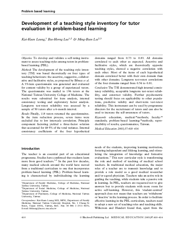 (PDF) Development of a teaching style inventory for tutor evaluation in ...