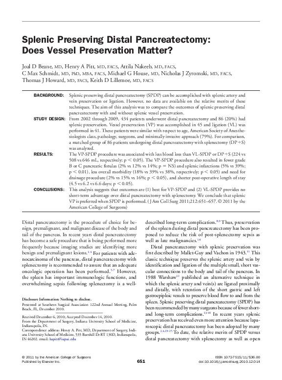 (PDF) Splenic Preserving Distal Pancreatectomy: Does Vessel Preservation Matter?