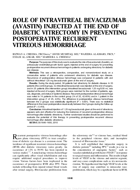 (PDF) ROLE OF INTRAVITREAL BEVACIZUMAB (AVASTIN) INJECTED AT THE END OF ...