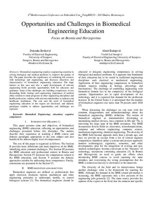 (PDF) Opportunities and Challenges in Biomedical Engineering Education