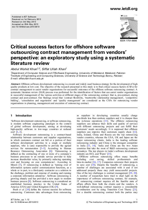 (PDF) Critical success factors for offshore software outsourcing contract management from ...