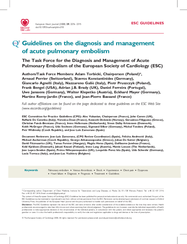 (PDF) Guidelines on diagnosis and management of acute pulmonary embolism