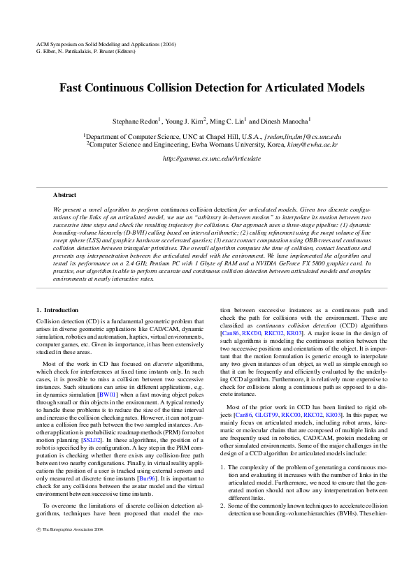 Pdf Fast Continuous Collision Detection For Articulated Models Ming