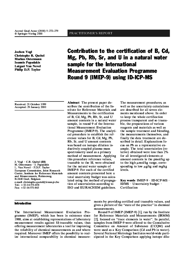 (PDF) Contribution to the certification of B, Cd, Mg, Pb, Rb, Sr, and U ...