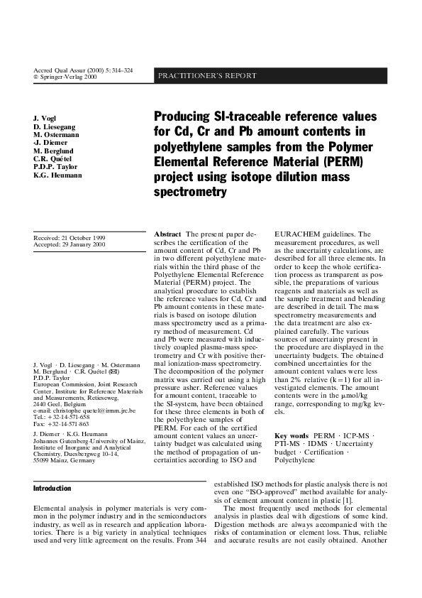 (PDF) Producing SI-traceable reference values for Cd, Cr and Pb amount ...