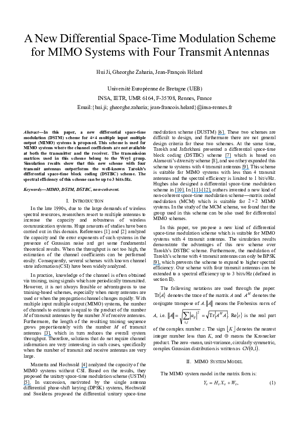 Pdf A New Differential Space Time Modulation Scheme For Mimo Systems