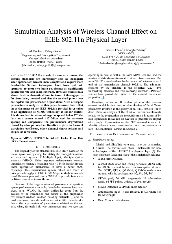 (PDF) Simulation Analysis of Wireless Channel Effect on IEEE 802.11n Physical Layer