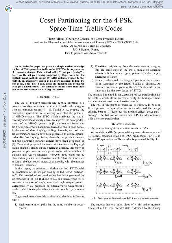 Pdf Coset Partitioning For The 4 Psk Space Time Trellis Codes Gheorghe Zaharia