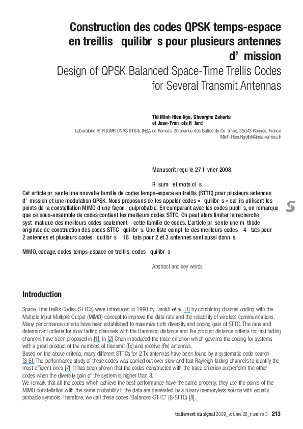 (PDF) Construction des codes QPSK temps-espace en treillis équilibrés ...