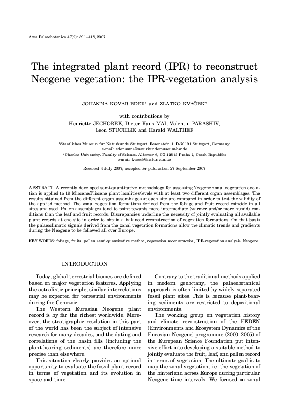 (PDF) The integrated plant record (IPR) to reconstruct Neogene ...