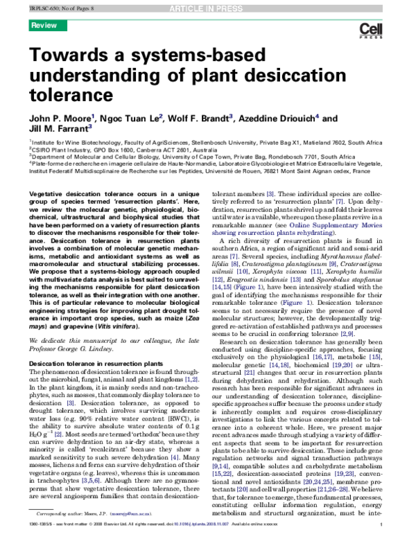 (PDF) Towards a systems-based understanding of plant desiccation tolerance