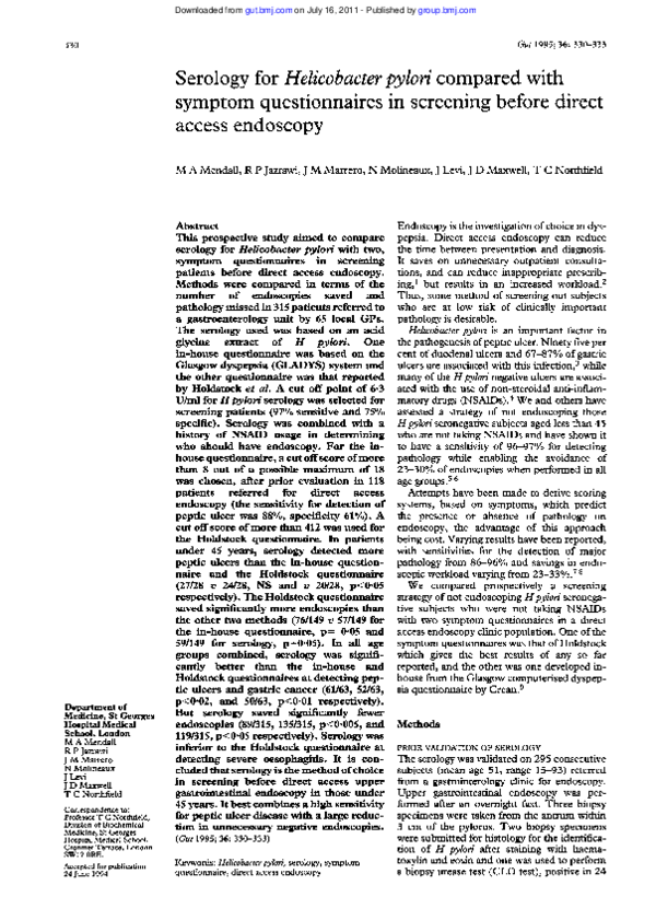 (PDF) Serology for Helicobacter pylori compared with symptom ...